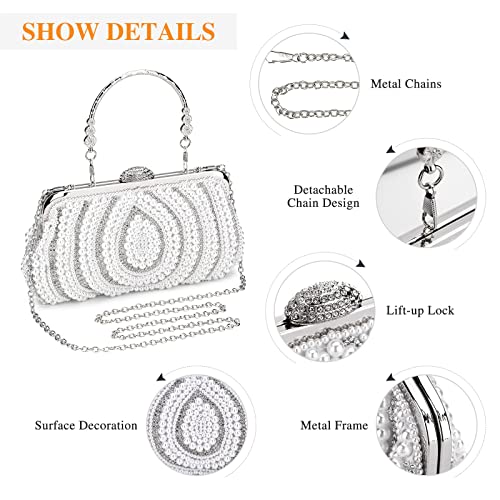 Selighting Pearl Cutch Purses for Women Evening Bags Formal Beaded Wedding Bridal Handbag Ladies Prom Cocktail Party Purse White