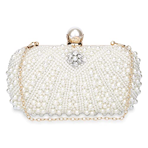 Tanpell Women's Pearl Evening Bags Rhinestone Beaded Clutch Purses for Wedding Bridal Handbag Ladies Prom Cocktail Party Purse (Beige-3)