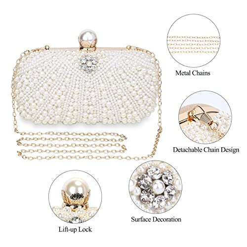 Tanpell Women's Pearl Evening Bags Rhinestone Beaded Clutch Purses for Wedding Bridal Handbag Ladies Prom Cocktail Party Purse (Beige-3)