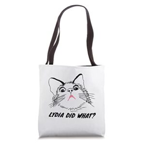 funny jane austen cat lydia did what? pride and prejudice tote bag