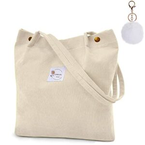 thicken corduroy totes bag large capacity handbags shoulder bags cord tote bag for women casual bag for work school daily (beige-cf)