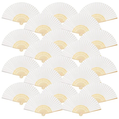 FEPITO 65 Pieces White Handheld Paper Fan Paper Folding Fans with Bamboos for Wedding Gift, Party, Home, DIY