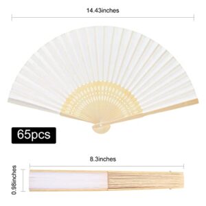 FEPITO 65 Pieces White Handheld Paper Fan Paper Folding Fans with Bamboos for Wedding Gift, Party, Home, DIY