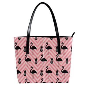 fashion leather handbags black flamingo & pineapple on pink background tote bag with zipper for beach shopping school work travel business