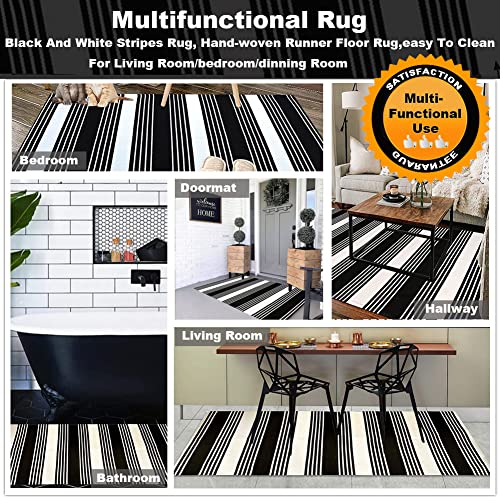 KaHouen Black and White Striped Outdoor Rug 27.5 x 43 Inches, Hand-Woven Reversible Foldable Washable Outdoor Rug Stripe for Layered Door Mats Porch/Front Door