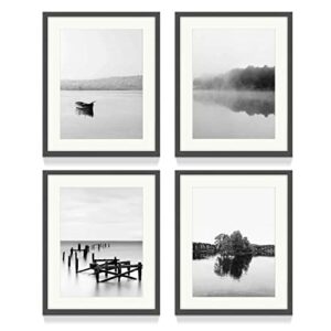 bedroom framed lake wall art: living room modern black nature scene landscape painting print 4 piece boat scenery picture vertical tree forest artwork for home office decor