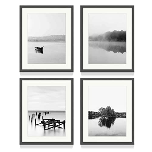 Bedroom Framed Lake Wall Art: Living Room Modern Black Nature Scene Landscape Painting Print 4 Piece Boat Scenery Picture Vertical Tree Forest Artwork for Home Office Decor