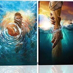 2 Pcs Framed Jesus wall art The Hand of God Jesus Reaching Into Water Christ Religion Canvas Wall Decor Blue Ocean Bible Pictures Posters Prints Paintings for Living Room Bedroom Church Decorations Ready to Hang