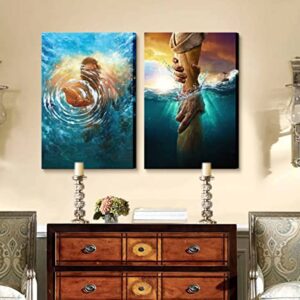 2 Pcs Framed Jesus wall art The Hand of God Jesus Reaching Into Water Christ Religion Canvas Wall Decor Blue Ocean Bible Pictures Posters Prints Paintings for Living Room Bedroom Church Decorations Ready to Hang