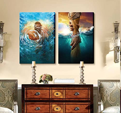 2 Pcs Framed Jesus wall art The Hand of God Jesus Reaching Into Water Christ Religion Canvas Wall Decor Blue Ocean Bible Pictures Posters Prints Paintings for Living Room Bedroom Church Decorations Ready to Hang