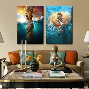 2 Pcs Framed Jesus wall art The Hand of God Jesus Reaching Into Water Christ Religion Canvas Wall Decor Blue Ocean Bible Pictures Posters Prints Paintings for Living Room Bedroom Church Decorations Ready to Hang