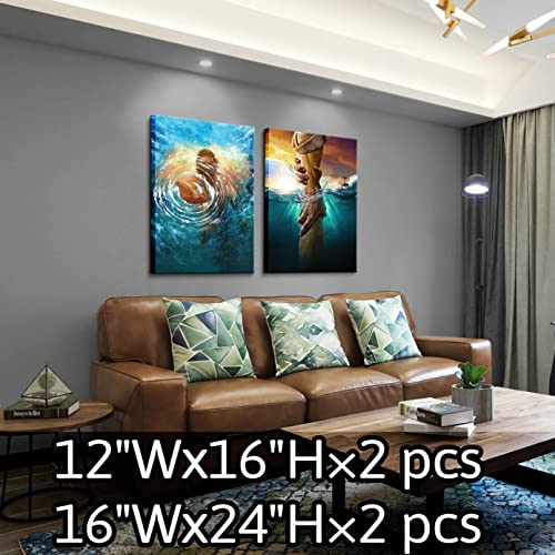 2 Pcs Framed Jesus wall art The Hand of God Jesus Reaching Into Water Christ Religion Canvas Wall Decor Blue Ocean Bible Pictures Posters Prints Paintings for Living Room Bedroom Church Decorations Ready to Hang