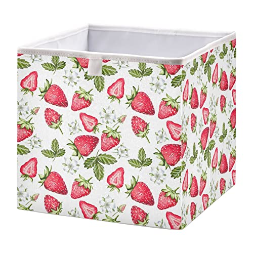 Kigai Strawberry Floral Fabric Storage Bin 11" x 11" x 11" Cube Baskets Collapsible Store Basket Bins for Home Closet Bedroom Drawers Organizers