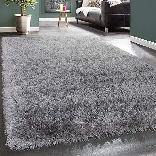 Paco Home Shag Rug High Pile in Grey for Bedroom & Living Room Fluffy Glossy Pastel Yarn, Size: 4'7" x 6'7"