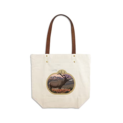 Yellowstone National Park, Wyoming, Elk and Sunset, Contour (Canvas Deluxe Tote Bag, Faux Leather Handles & Zip Pocket)