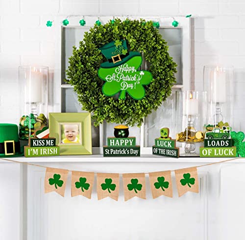 4 St Patrick's Day Wooden Table Decorations Centerpieces Blocks Shamrock Clover Irish Patty's Tiered Tray & Table Top Sign Decor for Office Dining Room Mantle Home Wood Saint Patrick Party Supplies