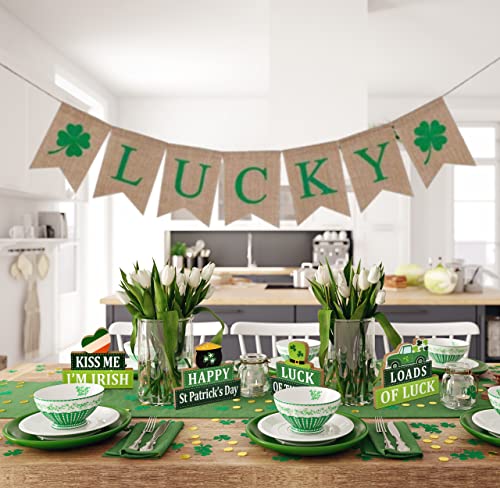 4 St Patrick's Day Wooden Table Decorations Centerpieces Blocks Shamrock Clover Irish Patty's Tiered Tray & Table Top Sign Decor for Office Dining Room Mantle Home Wood Saint Patrick Party Supplies