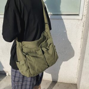 Bohemian Hipster Hobo Boho Hippie Crossbody Bag Purse Canvas Sling Bag Aesthetic Tote Large Handbags Fairy Grunge Bag (Army Green)