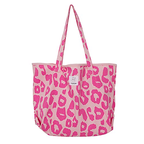 Women's Large Capacity Casual Totes Y2k Aesthetic Pink Leopard Shoulder Bag Cute Canvas Bags Bucket Handbag Office School Bookbag (Pink)