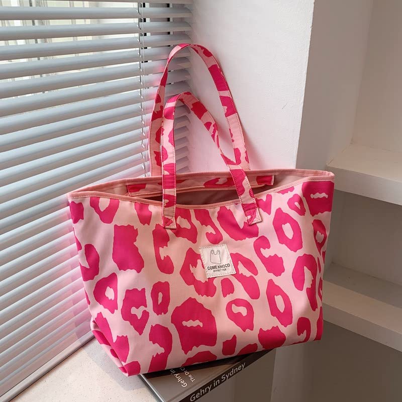 Women's Large Capacity Casual Totes Y2k Aesthetic Pink Leopard Shoulder Bag Cute Canvas Bags Bucket Handbag Office School Bookbag (Pink)