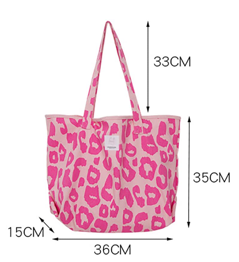 Women's Large Capacity Casual Totes Y2k Aesthetic Pink Leopard Shoulder Bag Cute Canvas Bags Bucket Handbag Office School Bookbag (Pink)