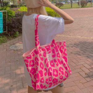 Women's Large Capacity Casual Totes Y2k Aesthetic Pink Leopard Shoulder Bag Cute Canvas Bags Bucket Handbag Office School Bookbag (Pink)