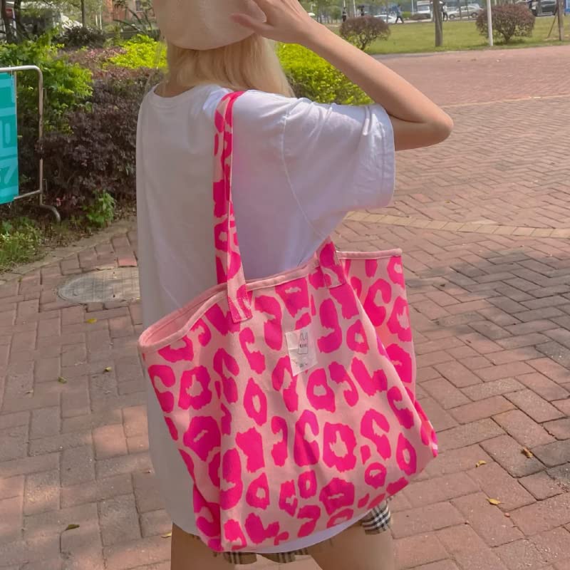 Women's Large Capacity Casual Totes Y2k Aesthetic Pink Leopard Shoulder Bag Cute Canvas Bags Bucket Handbag Office School Bookbag (Pink)