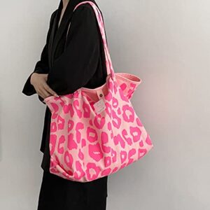 Women's Large Capacity Casual Totes Y2k Aesthetic Pink Leopard Shoulder Bag Cute Canvas Bags Bucket Handbag Office School Bookbag (Pink)