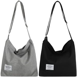 2 pieces large size canvas shoulder bag casual crossbody handbag travel shopping crossbody bag wide strap hippie tote bag (black, light grey)