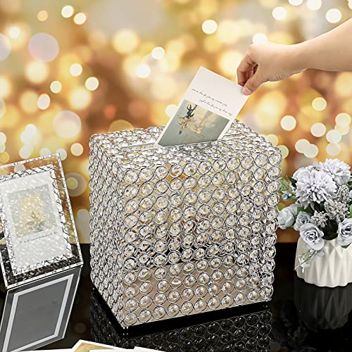 ELLDOO Crystal Wedding Card Box, Rectangle Money Card Box Silver Gift for Wedding Receptions, Centerpiece Decor, Anniversary, Keepsake, Gift Display Box