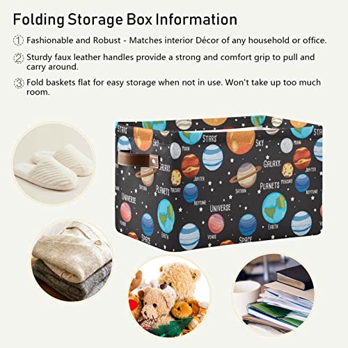 Kigai Solar System Storage Basket Collapsible Rectangle Storage Bin Shelves Basket Organizer with Leather Handle for Closet, Office, Nursery, Home Decor