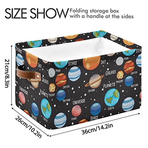 Kigai Solar System Storage Basket Collapsible Rectangle Storage Bin Shelves Basket Organizer with Leather Handle for Closet, Office, Nursery, Home Decor