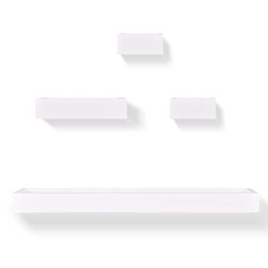 Floating Shelves, Solid Wood Storage Set of 4 Wall-Mounted Shelf for Bathroom/Living Room/Bedroom/Kitchen Decor (White)