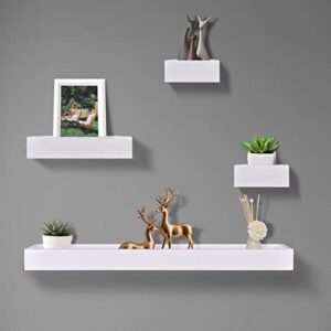 Floating Shelves, Solid Wood Storage Set of 4 Wall-Mounted Shelf for Bathroom/Living Room/Bedroom/Kitchen Decor (White)