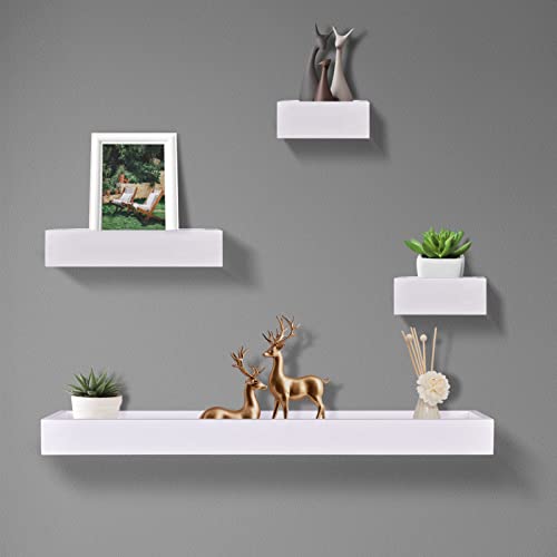 Floating Shelves, Solid Wood Storage Set of 4 Wall-Mounted Shelf for Bathroom/Living Room/Bedroom/Kitchen Decor (White)