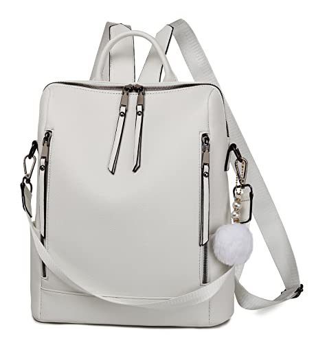 Backpack Purse for Women Multi-pocket Large Capacity Leather Shoulder Bag Multi-purpose Cute Backpack for Girls (White)