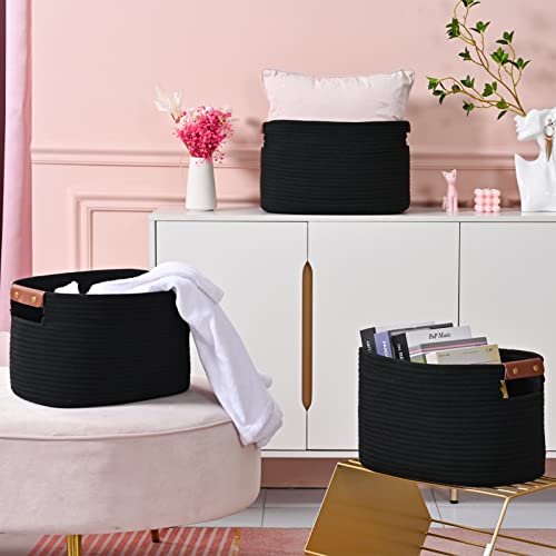 Cotton Rope Storage Baskets,15x10x9 in,Collapsible Storage Bins, Decorative Woven Basket Cube Storage Organizer for Laundry, Towel, Clothes, Cosmetics, Books (Black-3Pack)