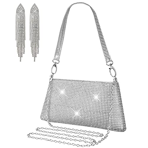 Rumdin Evening Bag Clutch Purses for Women Rhinestone Crossbody Purse Top Silver Mesh Bag for Girls Parties Gift Earrings