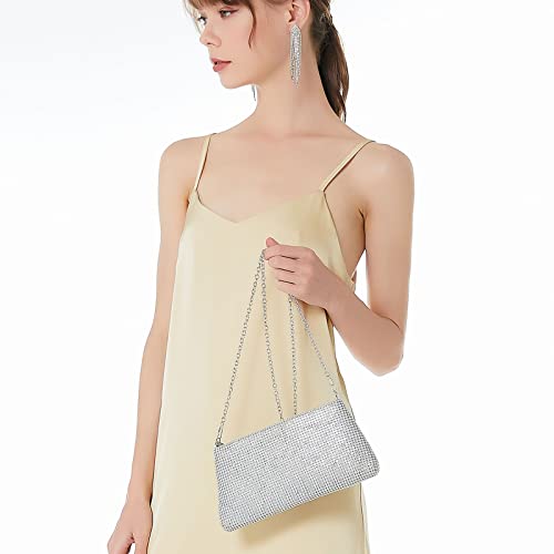 Rumdin Evening Bag Clutch Purses for Women Rhinestone Crossbody Purse Top Silver Mesh Bag for Girls Parties Gift Earrings