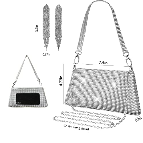 Rumdin Evening Bag Clutch Purses for Women Rhinestone Crossbody Purse Top Silver Mesh Bag for Girls Parties Gift Earrings