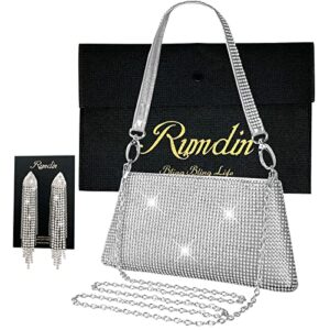 Rumdin Evening Bag Clutch Purses for Women Rhinestone Crossbody Purse Top Silver Mesh Bag for Girls Parties Gift Earrings