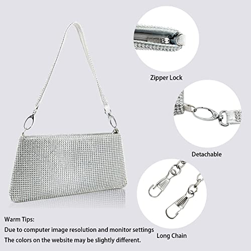 Rumdin Evening Bag Clutch Purses for Women Rhinestone Crossbody Purse Top Silver Mesh Bag for Girls Parties Gift Earrings