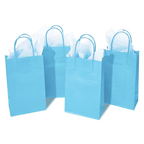 DjinnGlory 24 Pack Small Blue Paper Gift Bags with Handles and 24 Blue Tissue Wrapping Paper for Birthday Wedding Baby Shower Party Favors Goodies, 9x5.5x3.15 Inch (Blue)