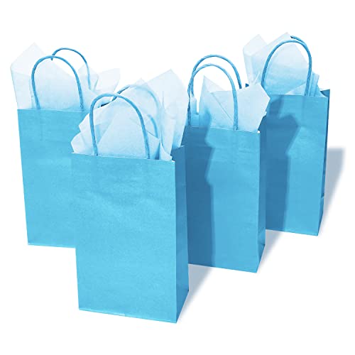 DjinnGlory 24 Pack Small Blue Paper Gift Bags with Handles and 24 Blue Tissue Wrapping Paper for Birthday Wedding Baby Shower Party Favors Goodies, 9x5.5x3.15 Inch (Blue)