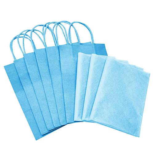 DjinnGlory 24 Pack Small Blue Paper Gift Bags with Handles and 24 Blue Tissue Wrapping Paper for Birthday Wedding Baby Shower Party Favors Goodies, 9x5.5x3.15 Inch (Blue)