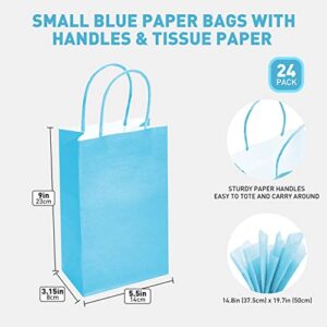 DjinnGlory 24 Pack Small Blue Paper Gift Bags with Handles and 24 Blue Tissue Wrapping Paper for Birthday Wedding Baby Shower Party Favors Goodies, 9x5.5x3.15 Inch (Blue)