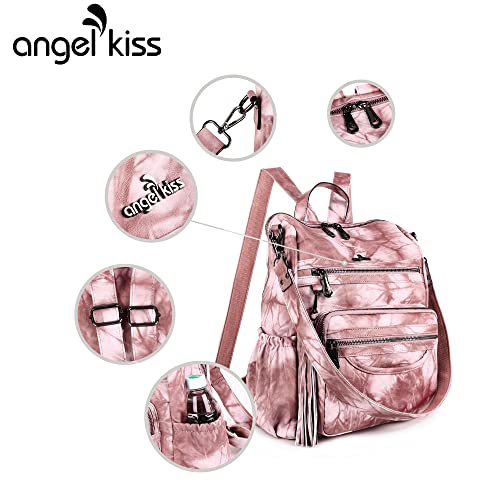 Backpack Purse Women PU Leather ladies fashion shoulder bag Casual Tassel Zipper Angel Kiss Backpacks(Pink)