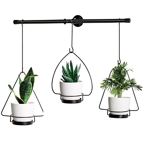 JOFAMY Hanging Planters for Christmas Plants with 3 White Plastic Planters, Wall Hanging Basket Metal Plant Hangers, Window Plant Hanger with Hook and String, Modern Outdoor Wall Planter