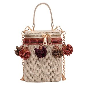 iamuhi womens handwoven straw phone bag small floral tassel cross-body beach purse mini bucket tote handbag,white