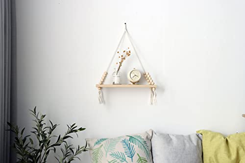 ND RongFeng Wooden Rope Suspended Floating Shelf Set of 2, Wall Rope Rack for Living Room, Bedroom, Bathroom and Kitchen, Shelves in Natural Wood Color